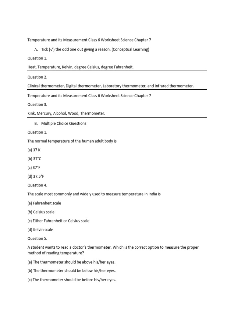 Temperature and Its Measurement Class VI WORKSHEET | PDF | Thermometer ...
