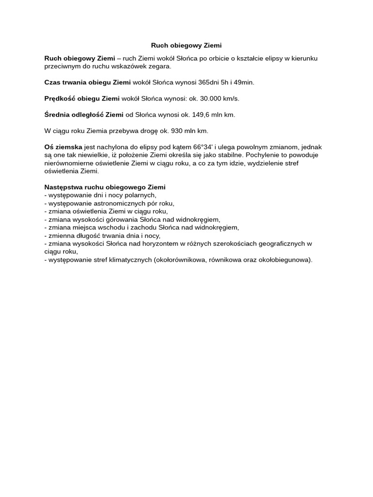 Ruch Obiegowy Ziemi - Notatka | PDF