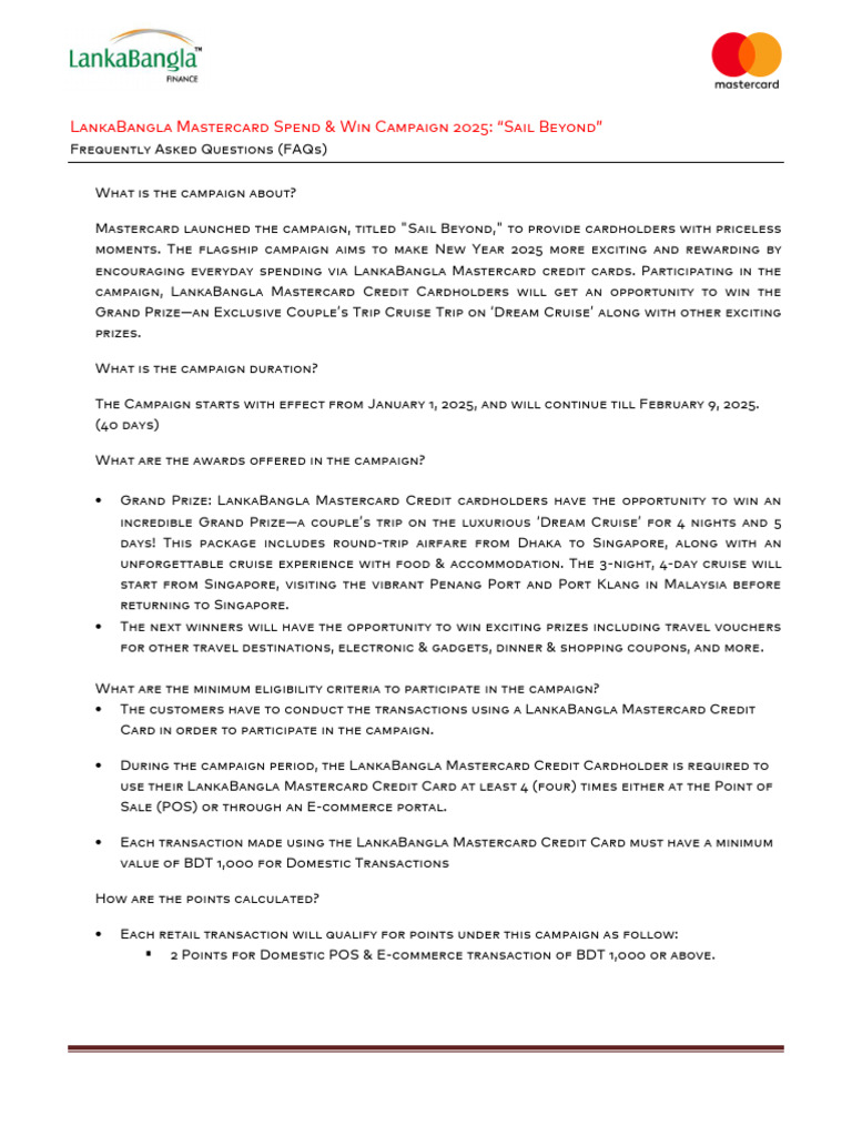 FAQ - LankaBangla Mastercard Spend Win Campaign 2025 Sail Beyond 01 01 | PDF | Master Card ...