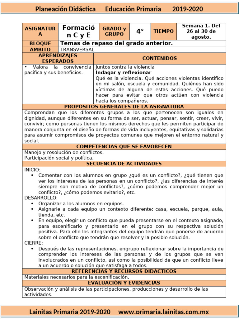 Agosto - 4to Grado Formación C y E (2019-2020) | PDF | Educación primaria | Aprendizaje