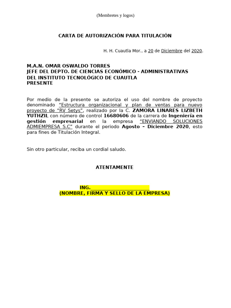 Carta de Autorización para Titulación | PDF