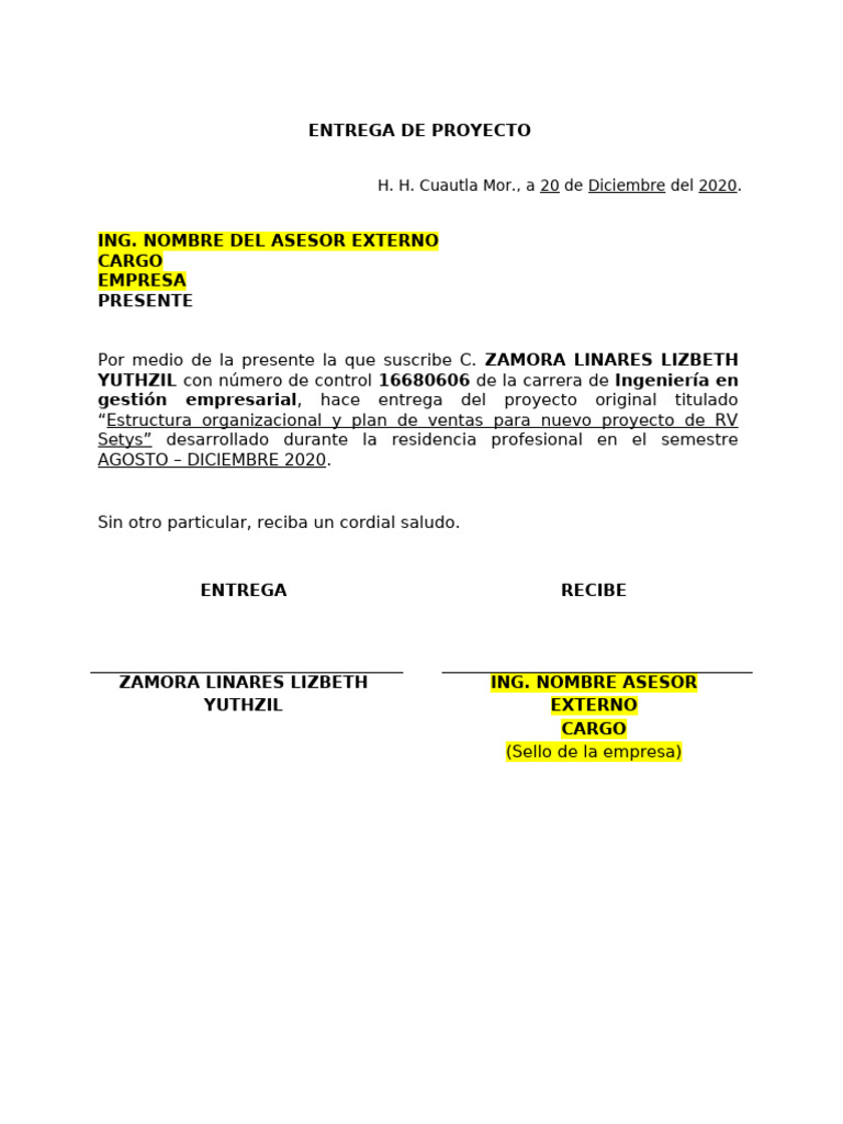 Oficio de Entrega de Proyecto | PDF