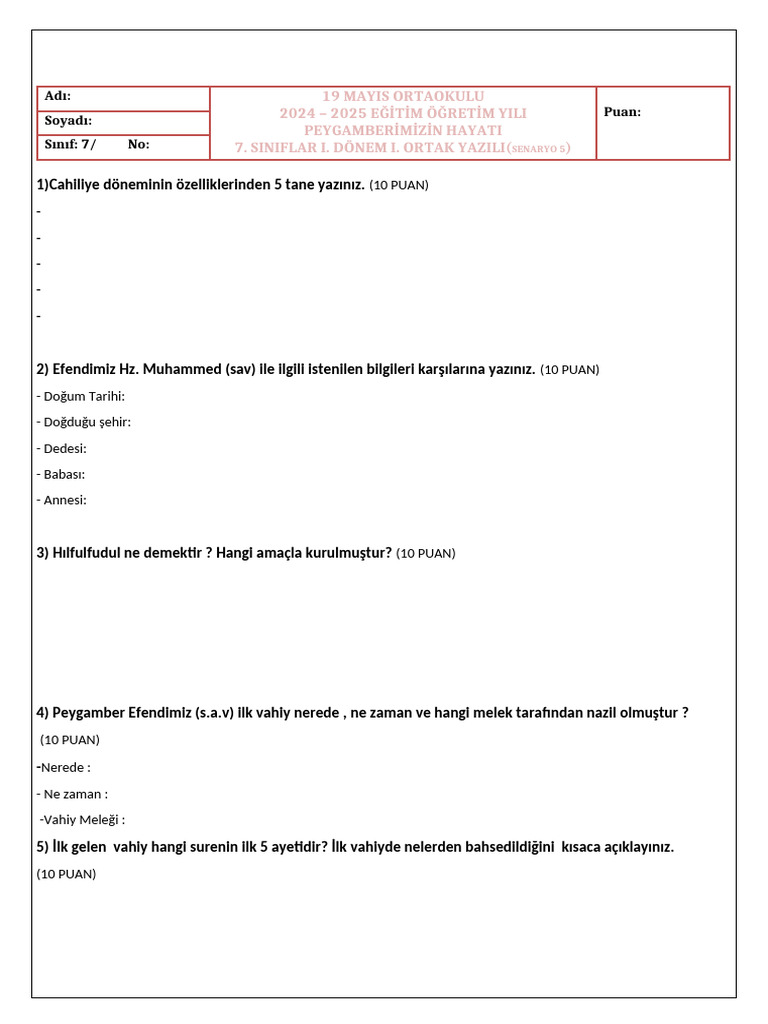 7.sınıf SİYER 1.dönem 1.yazılı | PDF