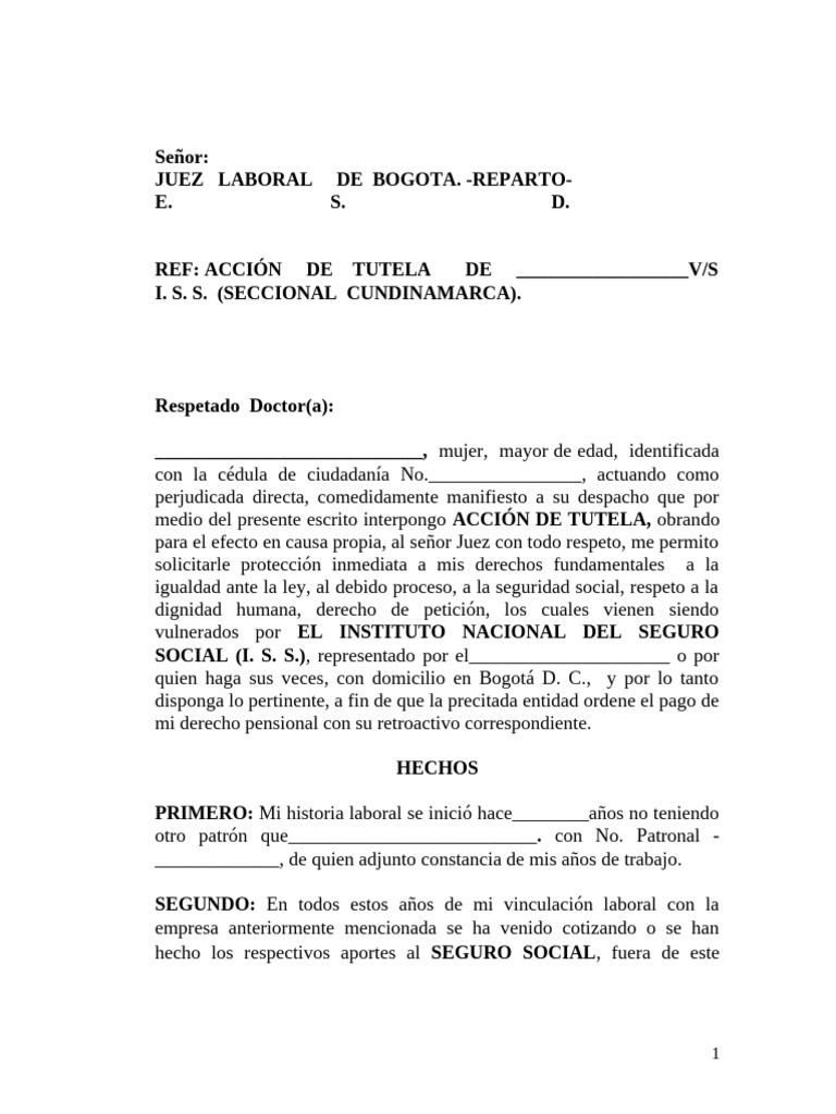 Modelo de Tutela - Solicitud de Pension | PDF | Derecho Constitucional | Derecho laboral
