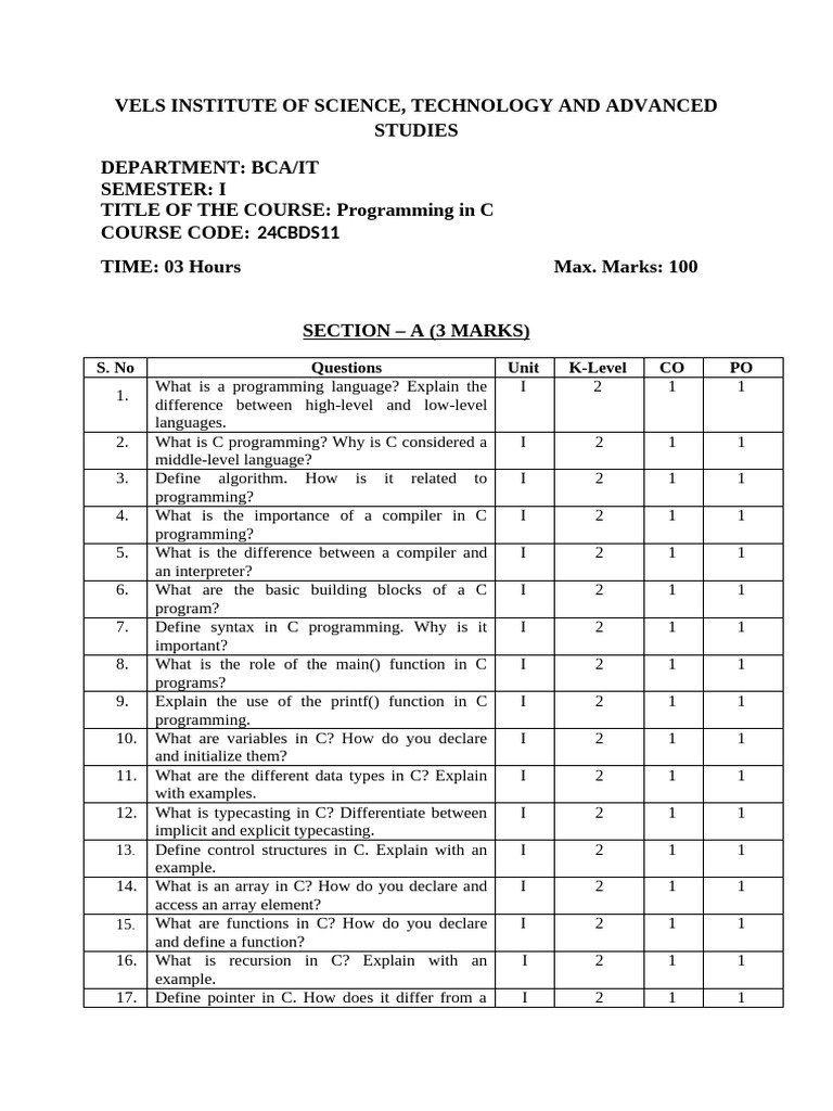24CBDS11 - Programming in C-Question Bank | PDF | Control Flow | Pointer (Computer Programming)