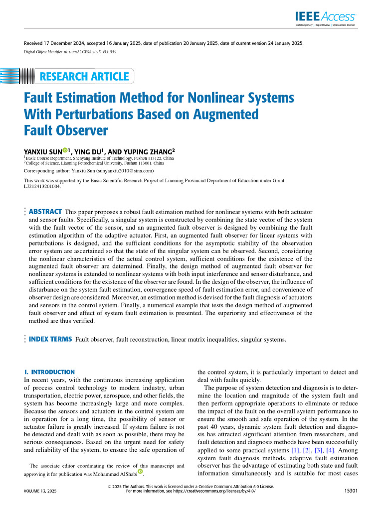 Fault Estimation Method For Nonlinear Systems With Perturbations Based On Augmented Fault ...