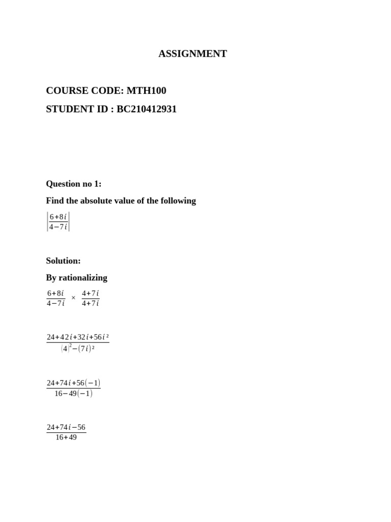 Fall 2024 - MTH100 - 1 - BC210412931 | PDF