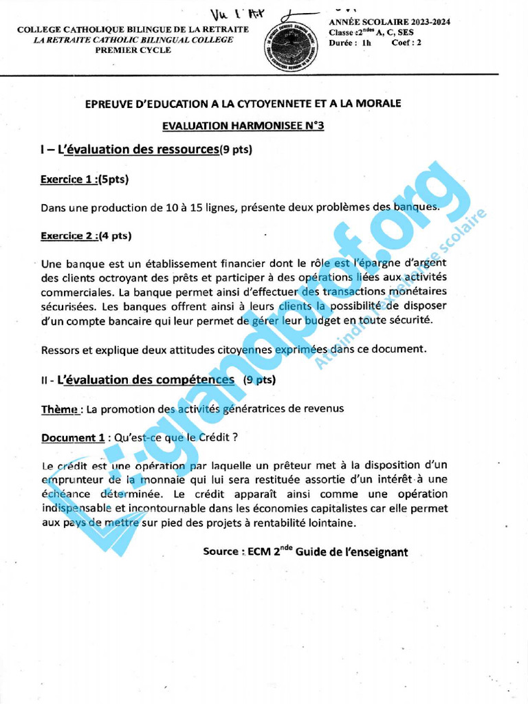 ECM 2ndeAC Evaluation3 College Retraite Janvier 2024 | PDF