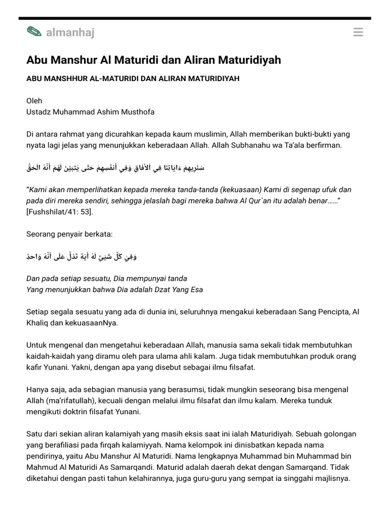 Maturidiyah: Pemikiran Abu Manshur Al Maturidi | PDF