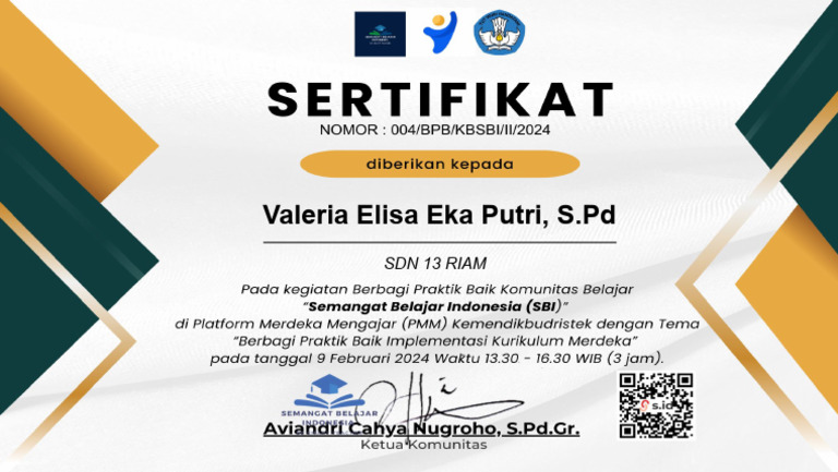 SERTIFIKAT BPB SBI - Valeria Elisa Eka Putri, S.PD | PDF
