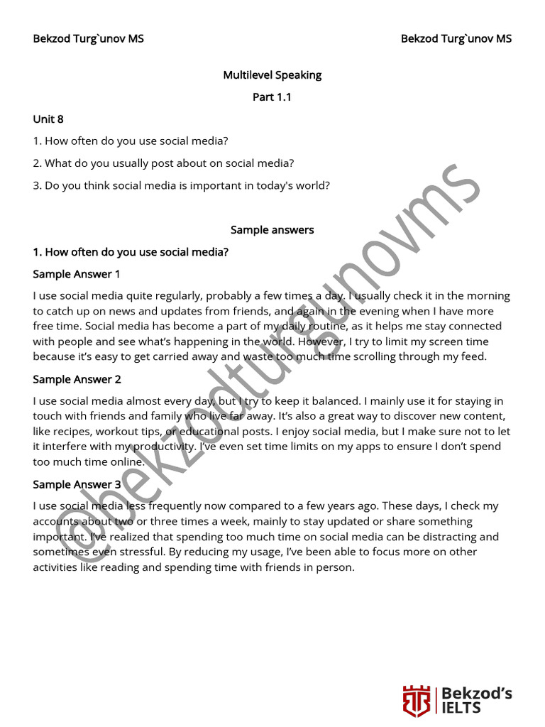 Multilevel Speaking Part 1.1 - Unit 8 | PDF | Social Media | Popular ...