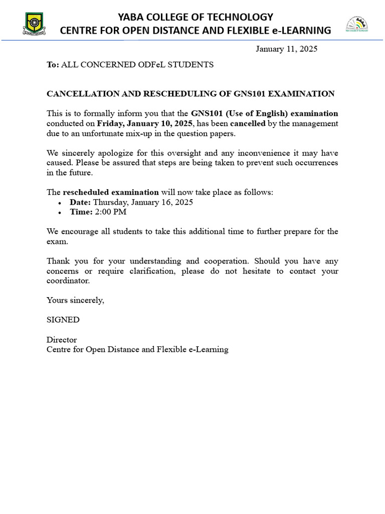Cancellation and Rescheduling of Gns101 Examination | PDF