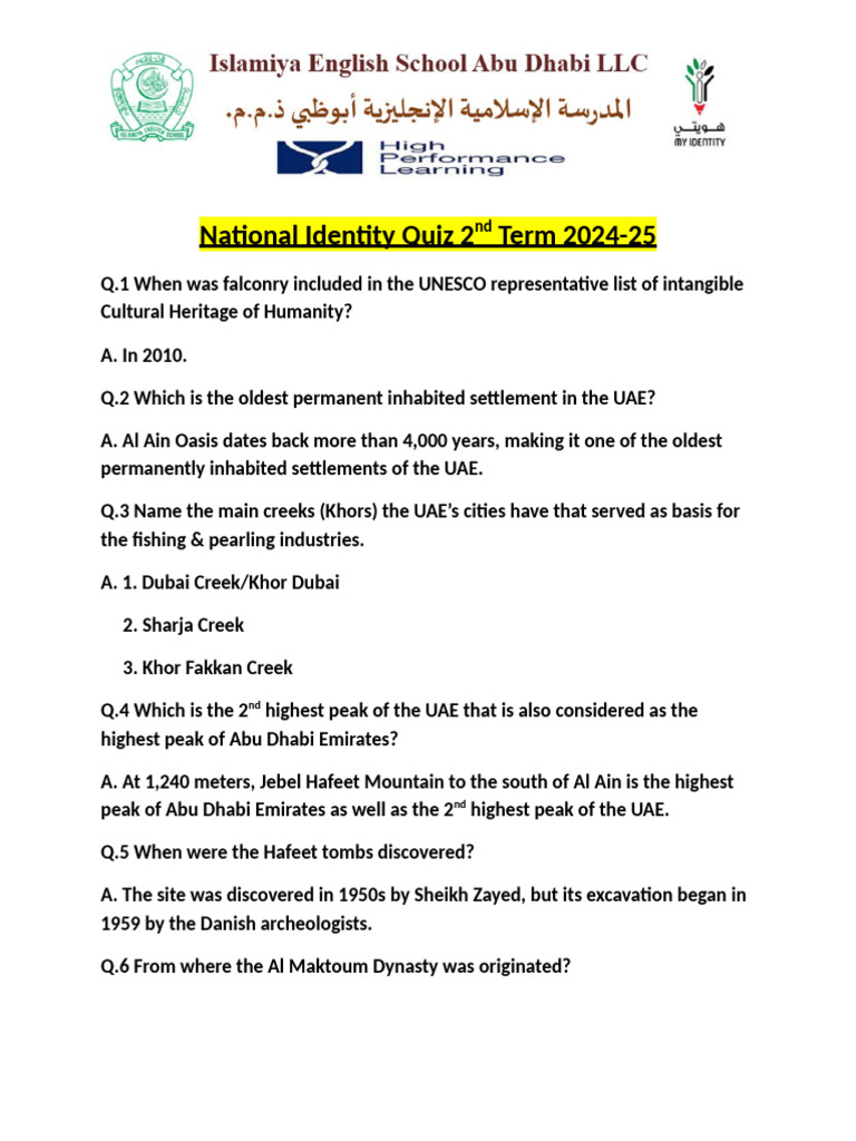 National Identity Quiz 2nd Term 2025 | PDF | United Arab Emirates | Dubai