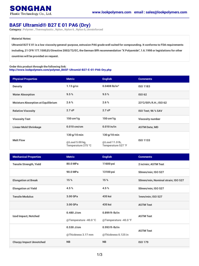 BASF Ultramid B27 E 01 PA6 Dry | PDF | Viscosity | Nylon