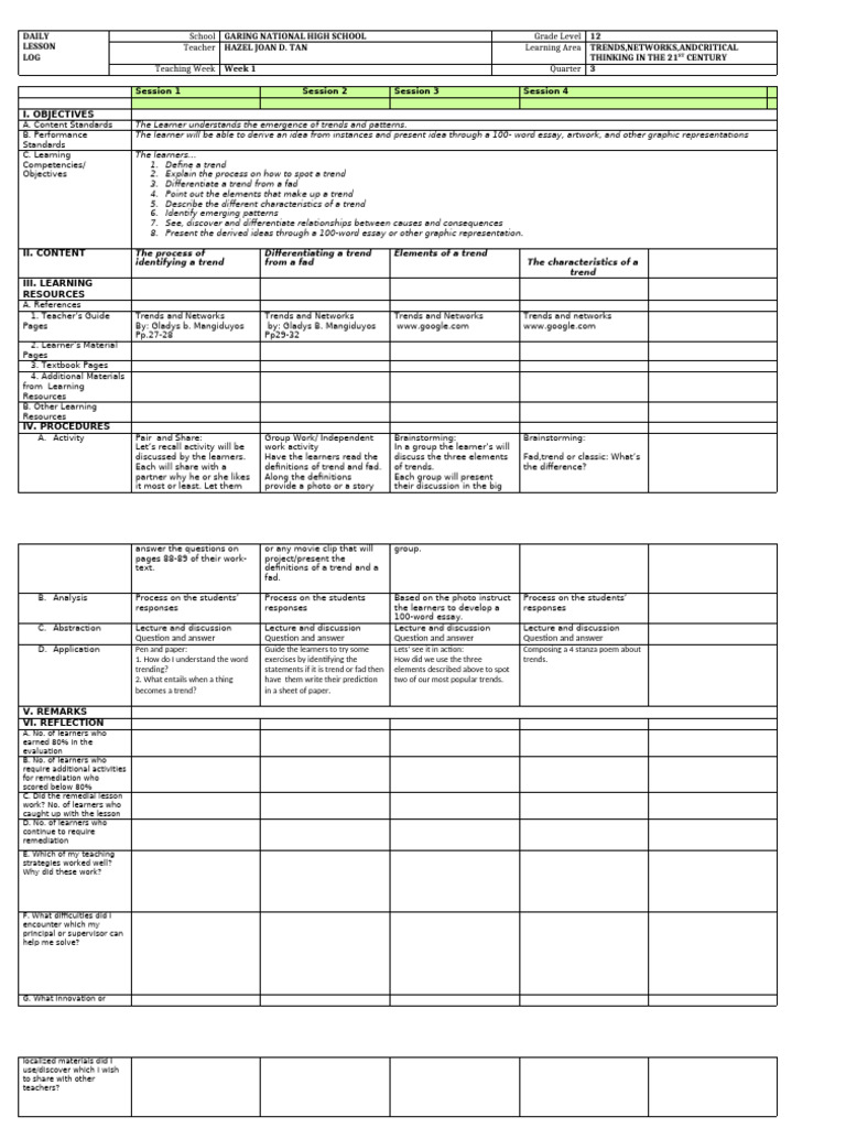 Week 1 Daily Lesson Log Trends and Networks | PDF | Learning ...