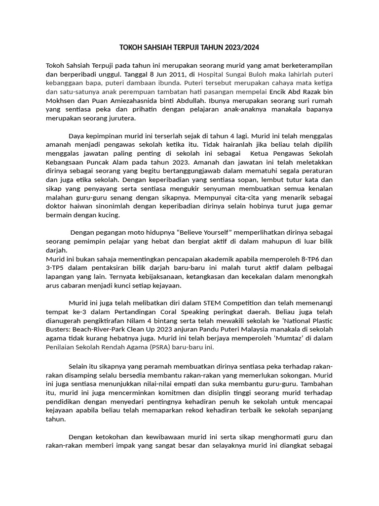 Biodata Tokoh Sahsiah Terpuji | PDF