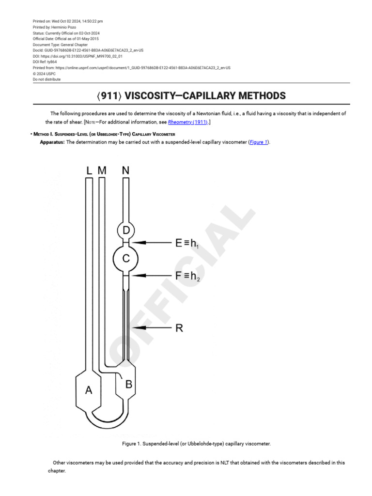 USP-NF 〈911〉 Viscosity-Capillary Methods 1 | PDF | Viscosity | Mechanical Engineering