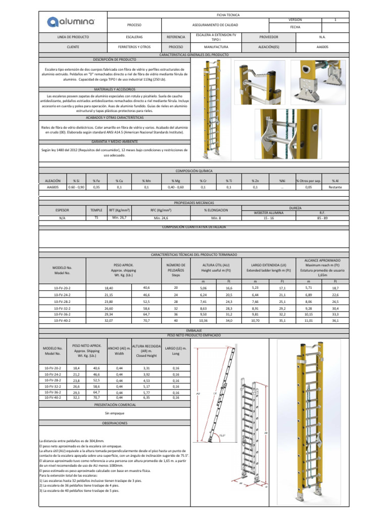 Ficha Tecnica Escalera A Extension | PDF | Aluminio | Ciencias fisicas
