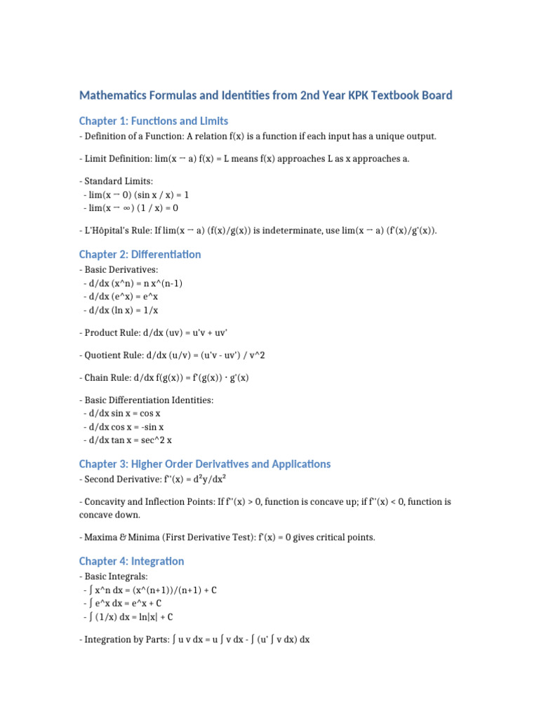 2nd Year Maths Formulas Overview | PDF
