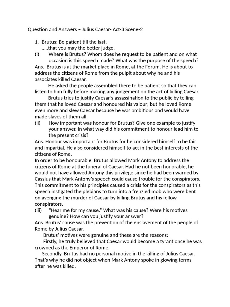 Julius Caesar Act 3 Scene 2 Q&A | PDF | Mark Antony | Julius Caesar
