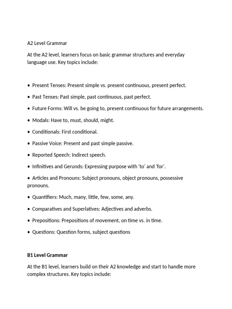 A2-B1 Grammar Topics Overview | PDF
