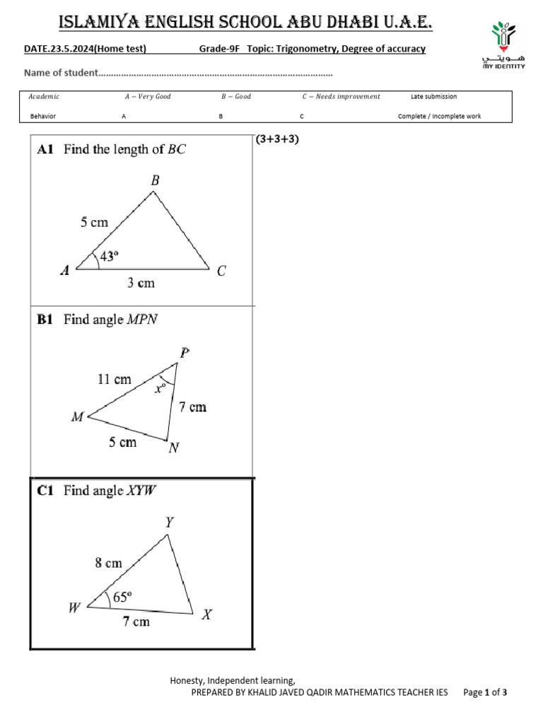Trigonometry Ch.14 23.5.2024 Questions (Class Test) | PDF
