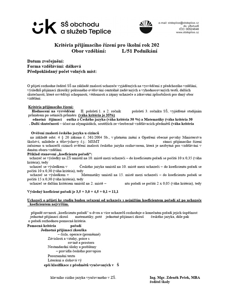 Kriteria Prijimaciho Rizeni Podnikani 2024-2025 v2 | PDF
