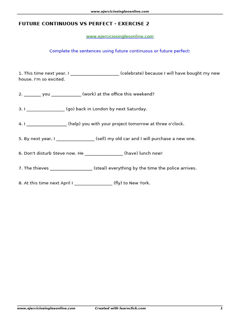 Future Continuous vs Perfect Exercise 2 | PDF