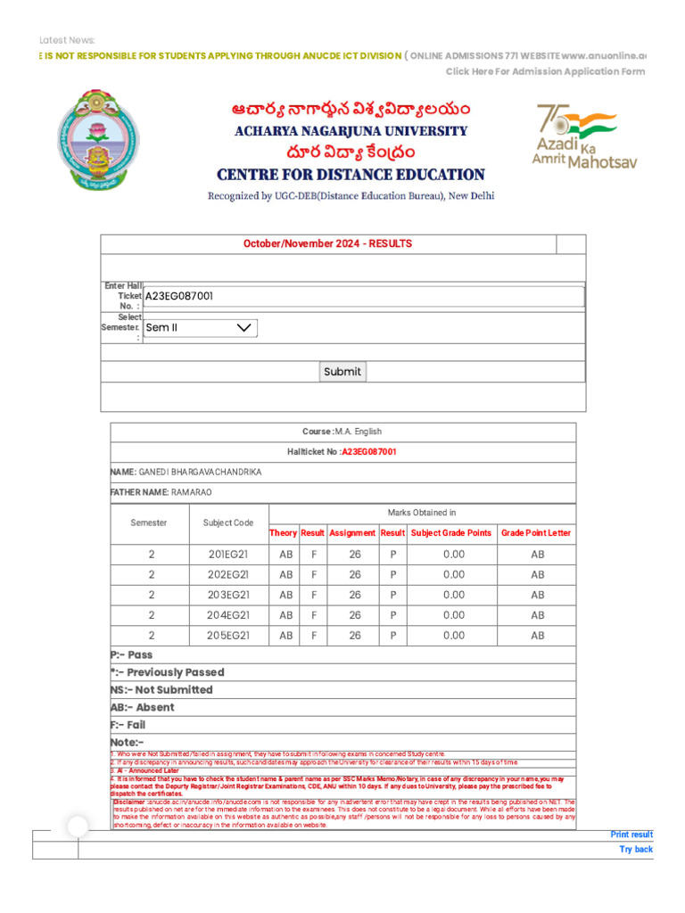 ANU CDE M.A. English Results 2024 | PDF | Qualifications | Educational ...