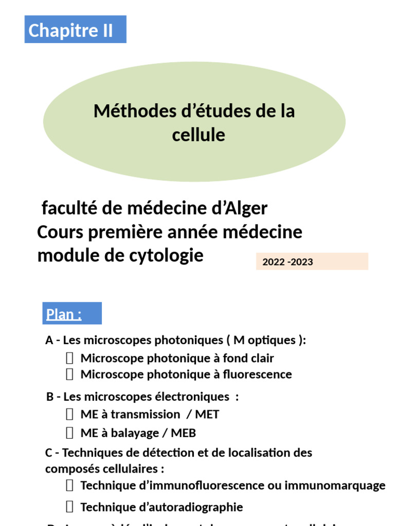 1-Méthode Détude de La Cellule 2022 2023 | PDF | Microscope | Fluorescence