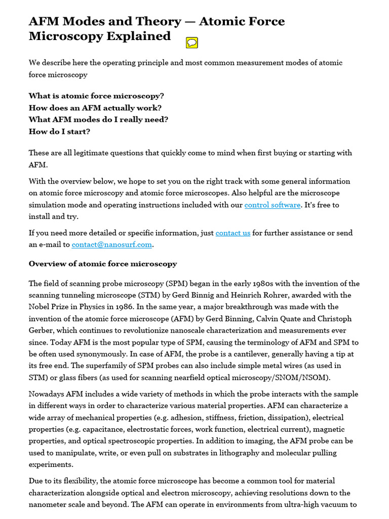 AFM Modes and Theory - Atomic Force Microscopy Explained - Nanosurf | PDF | Atomic Force ...