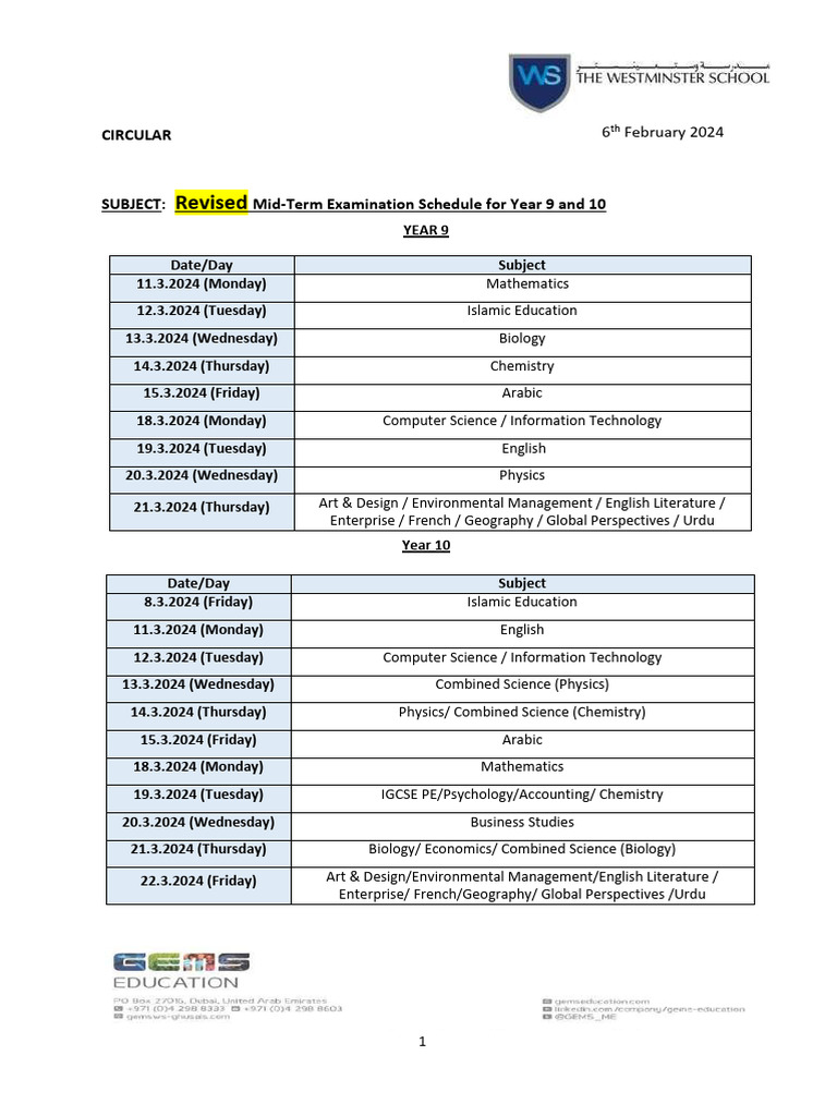Revised Year - 9 10 Mid Term Examination - Timetable | PDF