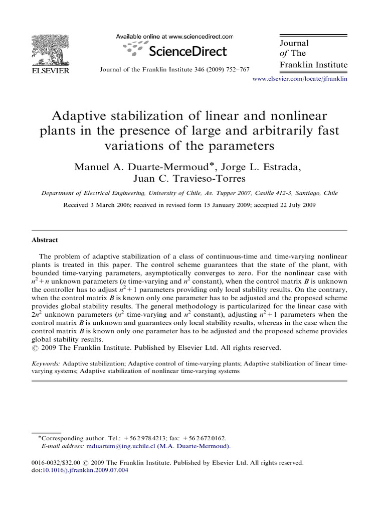 Adaptive Stabilization of Linear and Nonlinear | PDF | Chaos Theory | Nonlinear System