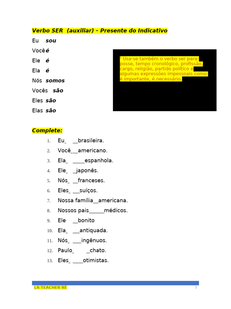 Verbo Ser e Exercícios | PDF