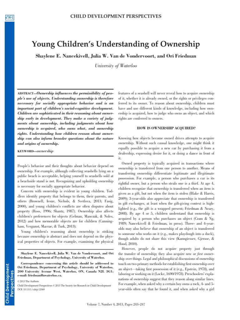 Young Children's Understanding of Ownership | PDF | Knowledge | Property