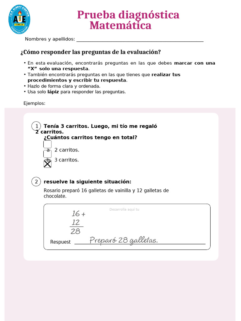 Prueba Diagnóstica de Matemáticas 4to Grado | PDF