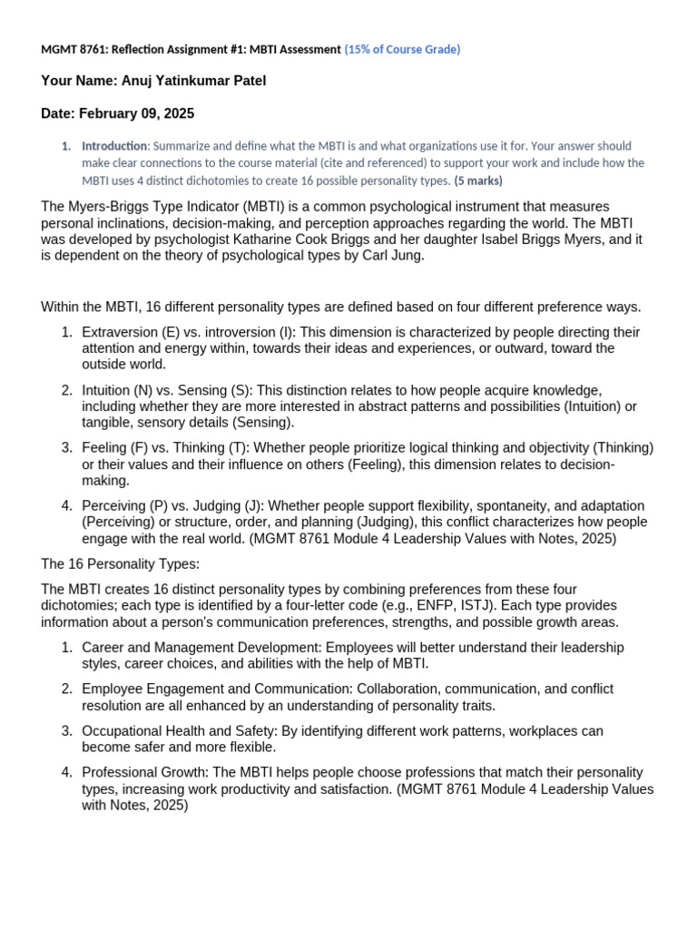 MGMT 8761 Reflection Assignment #1 W25 | PDF | Leadership | Personality ... MGMT 8761 Reflection Assignment #1 W25 | PDF | Leadership | Personality ...
