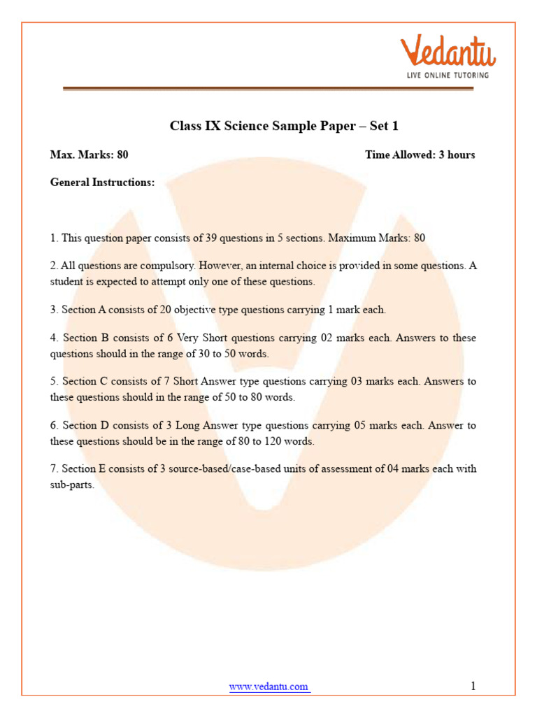 CBSE Class 9 Science Sample Question Paper (Set 1) 2024-25 FREE PDF | PDF | Cell (Biology ...