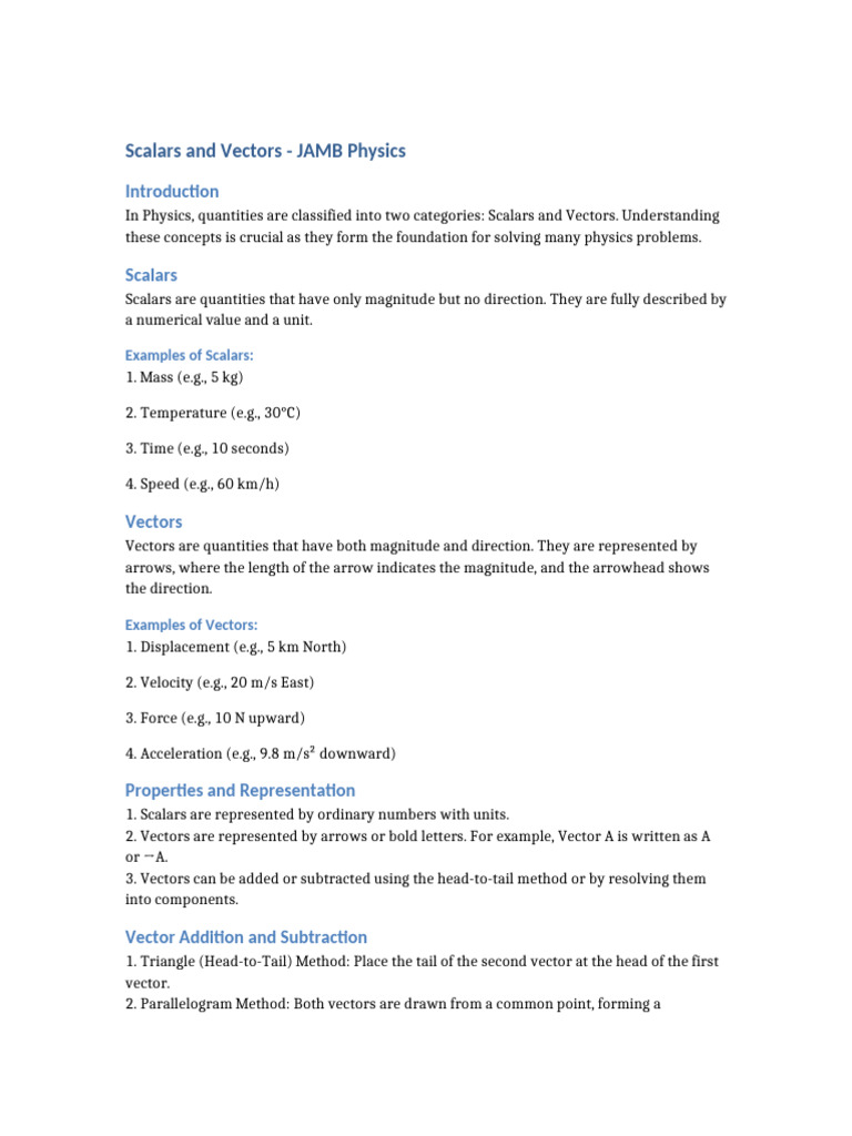 Scalars and Vectors JAMB Physics | PDF