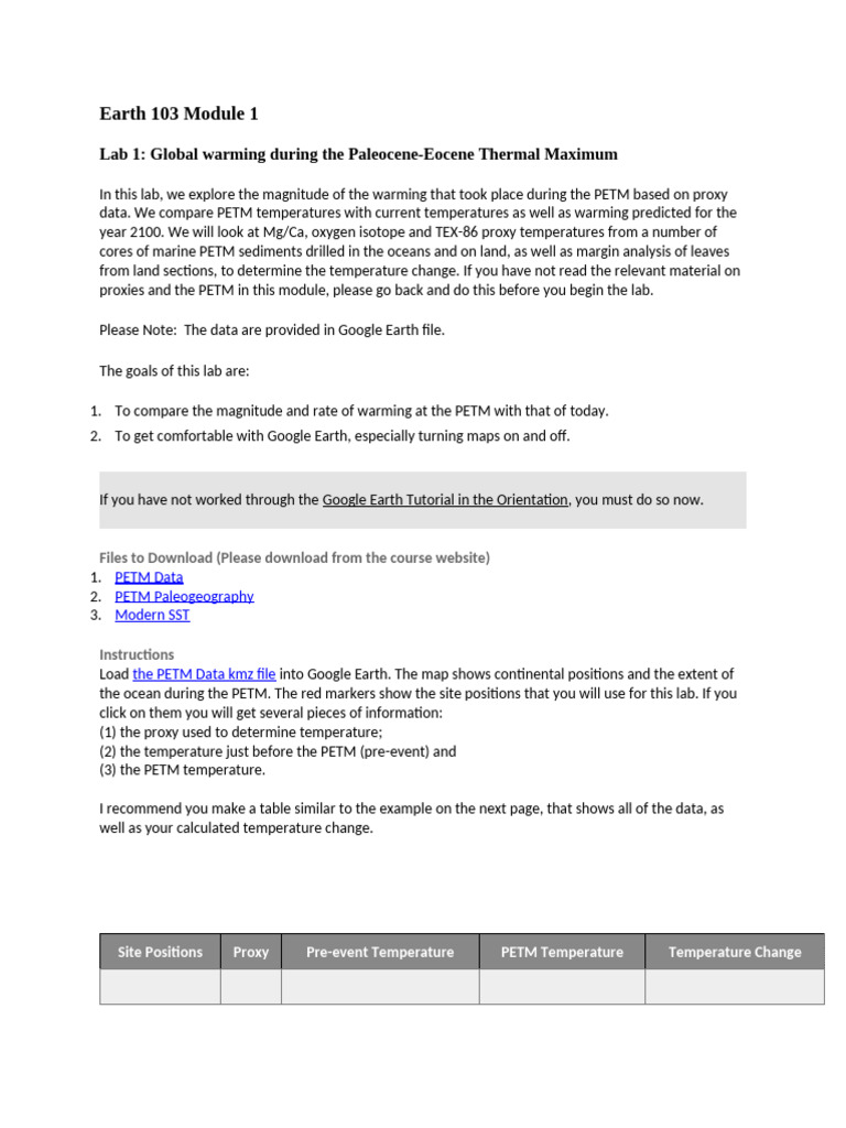 Earth 103 Lab 1 PETM WordDoc 2 0 0revised2023 | PDF | Earth Sciences ...