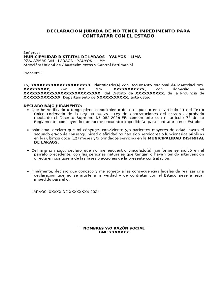 Formato Declaracion Jurada de No Tener Impedimento para Contratar Con El Estado | PDF