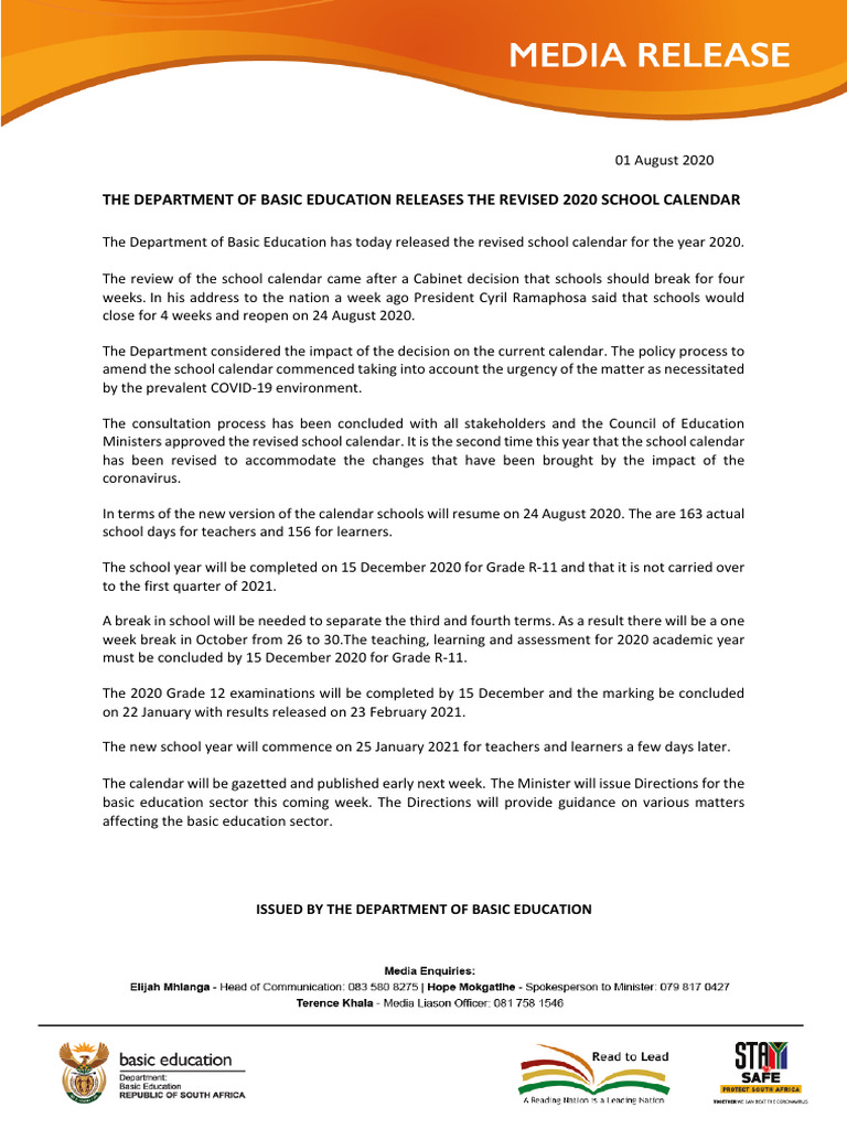 Revised 2020 School Calendar Released | PDF