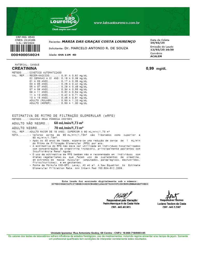 Paciente | PDF | Creatinina | Especialidades médicas