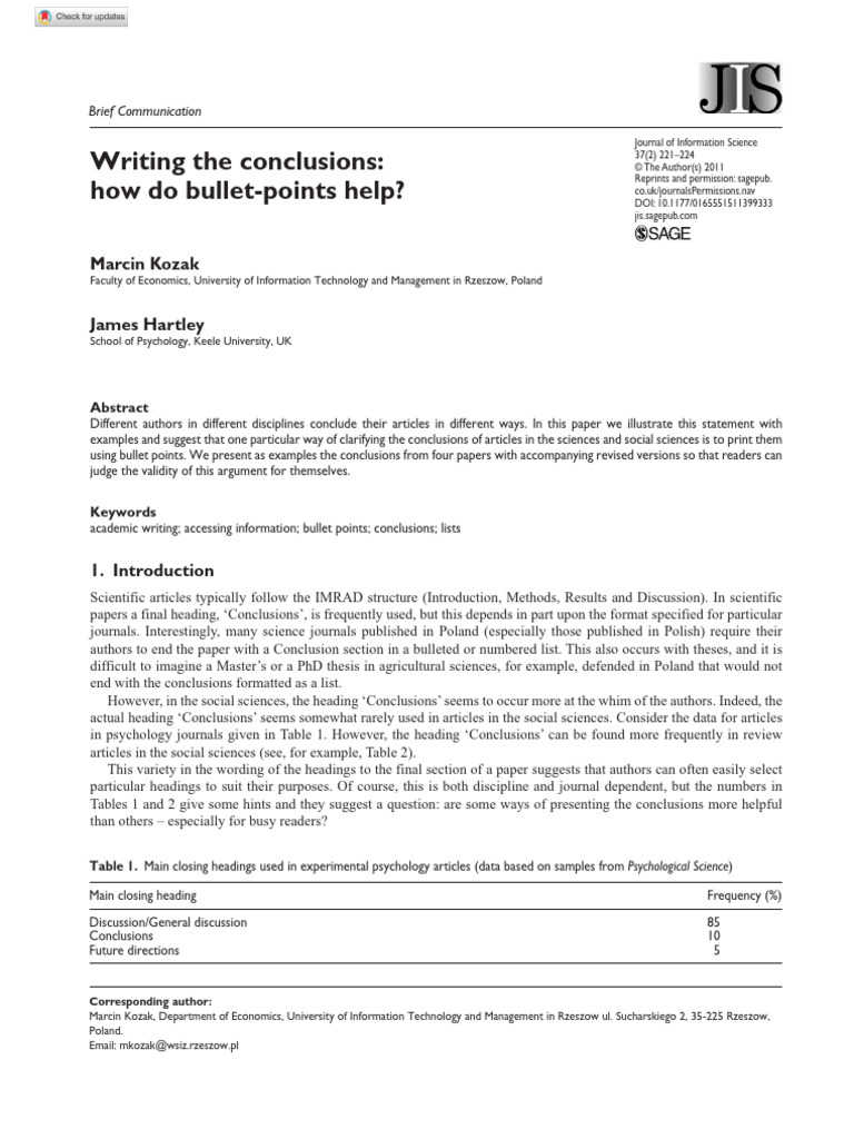 Kozak & Hartley (2011) - Article On Bullet Points | PDF | Science | Thesis