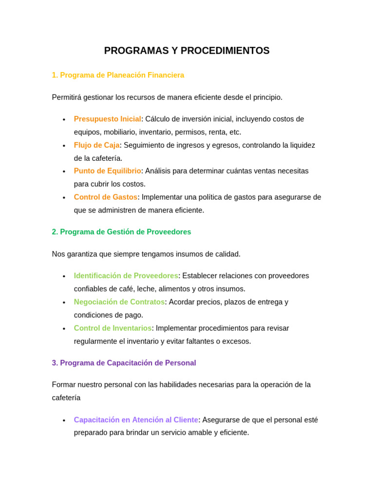Programas y Procedimientos Cafetería | PDF | Calidad (comercial) | Marketing