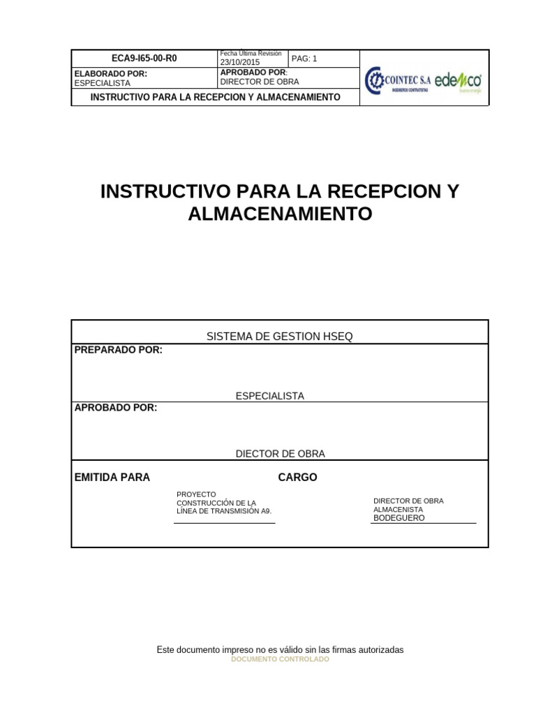 ECA9-I65-00 INSTRUCTIVO PARA LA RECEPCION Y ALMACENAMIENTO | PDF | Almacén