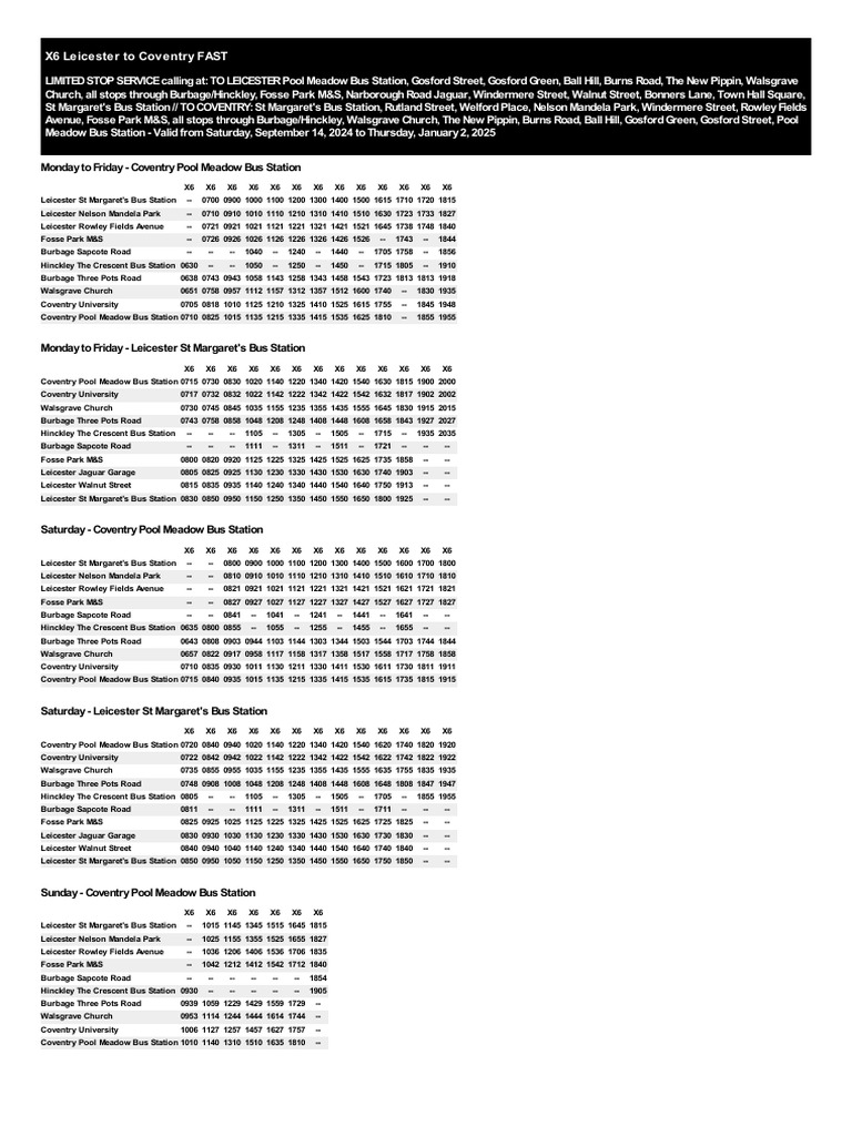 X6 Leicester To Coventry FAST From 14 Sep 2024 | PDF