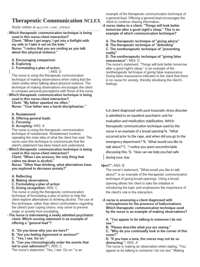 Therapeutic Communication NCLEX | PDF | Communication | Obsessive ...
