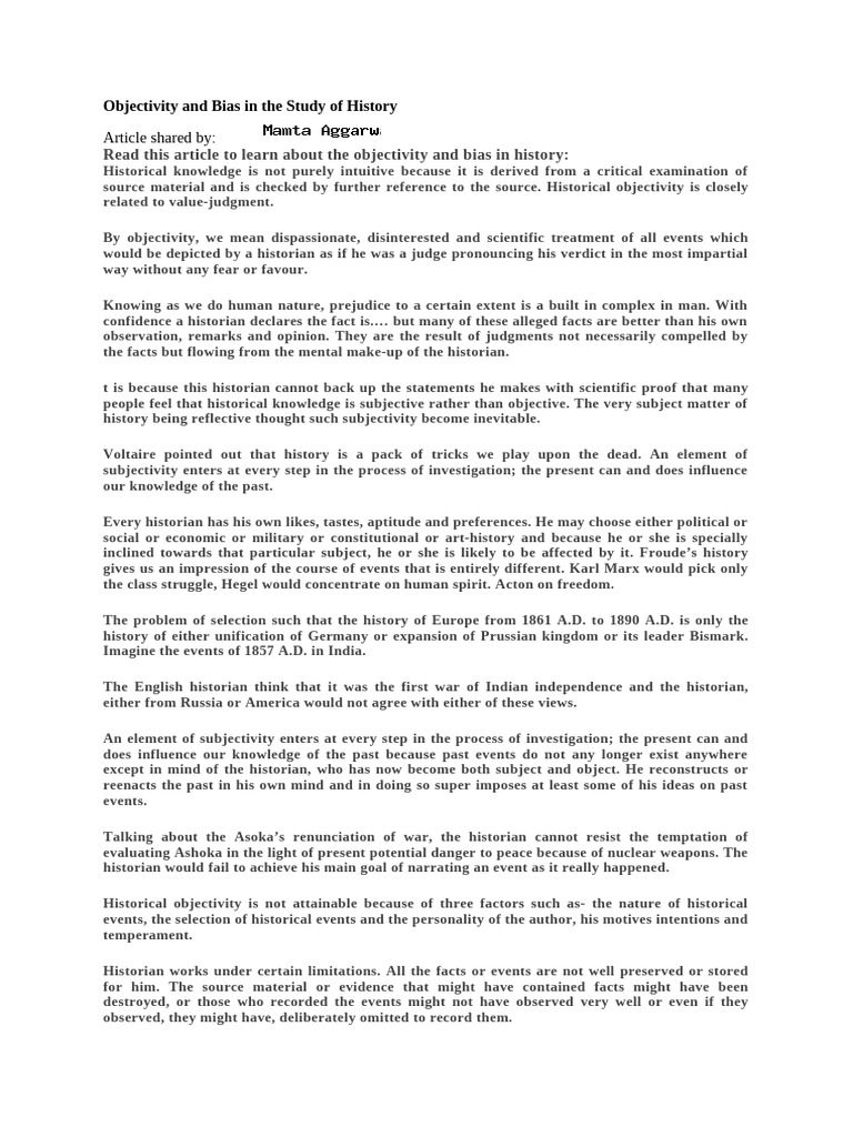 Objectivity and Bias in The Study of History | PDF | Knowledge | Historian