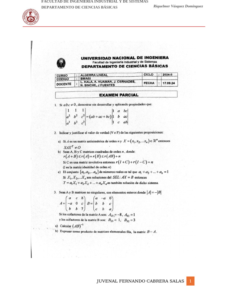 Parcial Lineal F | PDF | Matriz (Matemáticas) | Objetos matemáticos